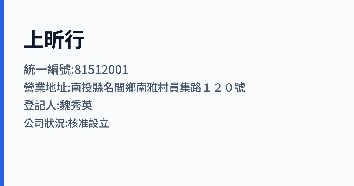 上昕行 - 統編 81512001(南投縣) 公司登記資料與營業項目詳細圖表