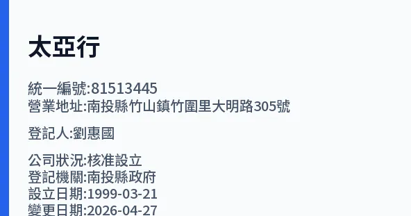 太亞行的照片-統編 81513445(南投縣) 公司登記資料與營業項目詳細圖表