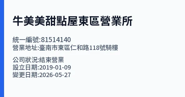 牛美美甜點屋東區營業所的照片-統編 81514140(臺南市) 公司登記資料與營業項目詳細圖表