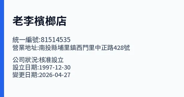 老李檳榔店的照片-統編 81514535(南投縣) 公司登記資料與營業項目詳細圖表