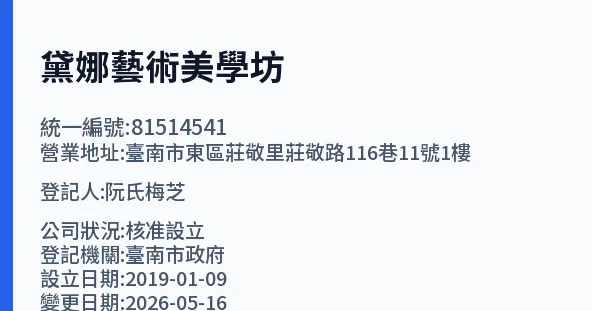 黛娜藝術美學坊的照片-統編 81514541(臺南市) 公司登記資料與營業項目詳細圖表