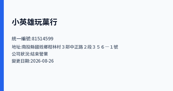 小英雄玩菓行的照片-統編 81514599(南投縣) 公司登記資料與營業項目詳細圖表