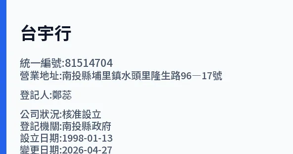 台宇行的照片-統編 81514704(南投縣) 公司登記資料與營業項目詳細圖表