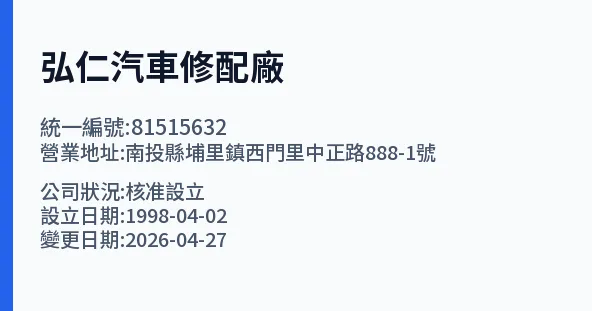 弘仁汽車修配廠的照片-統編 81515632(南投縣) 公司登記資料與營業項目詳細圖表