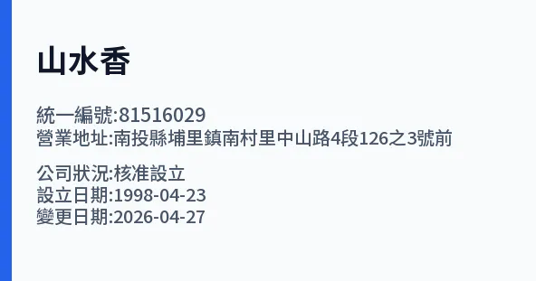 山水香的照片-統編 81516029(南投縣) 公司登記資料與營業項目詳細圖表
