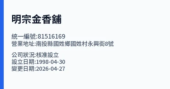 明宗金香舖的照片-統編 81516169(南投縣) 公司登記資料與營業項目詳細圖表