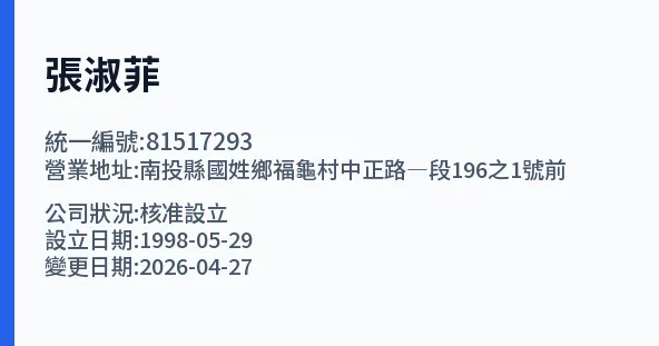 張淑菲的照片-統編 81517293(南投縣) 公司登記資料與營業項目詳細圖表