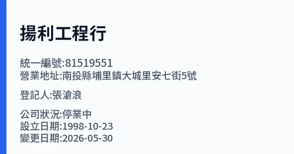 揚利工程行的照片-統編 81519551(南投縣) 公司登記資料與營業項目詳細圖表