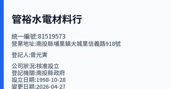 管裕水電材料行的照片-統編 81519573(南投縣) 公司登記資料與營業項目詳細圖表