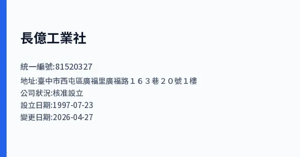 長億工業社的照片-統編 81520327(臺中市) 公司登記資料與營業項目詳細圖表