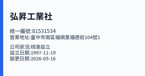 弘昇工業社的照片-統編 81531534(臺中市) 公司登記資料與營業項目詳細圖表