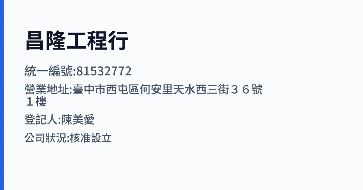 昌隆工程行 - 統編 81532772(臺中市) 公司登記資料與營業項目詳細圖表