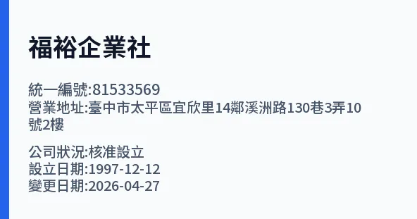 福裕企業社的照片-統編 81533569(臺中市) 公司登記資料與營業項目詳細圖表