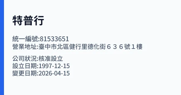 特普行的照片-統編 81533651(臺中市) 公司登記資料與營業項目詳細圖表