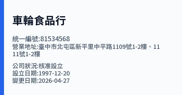 車輪食品行的照片-統編 81534568(臺中市) 公司登記資料與營業項目詳細圖表
