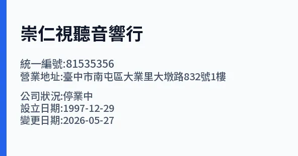 崇仁視聽音響行的照片-統編 81535356(臺中市) 公司登記資料與營業項目詳細圖表