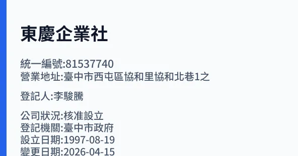 東慶企業社的照片-統編 81537740(臺中市) 公司登記資料與營業項目詳細圖表