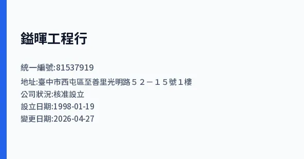 鎰暉工程行的照片-統編 81537919(臺中市) 公司登記資料與營業項目詳細圖表