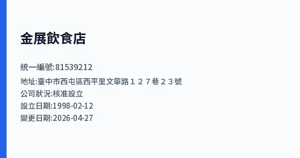 金展飲食店的照片-統編 81539212(臺中市) 公司登記資料與營業項目詳細圖表