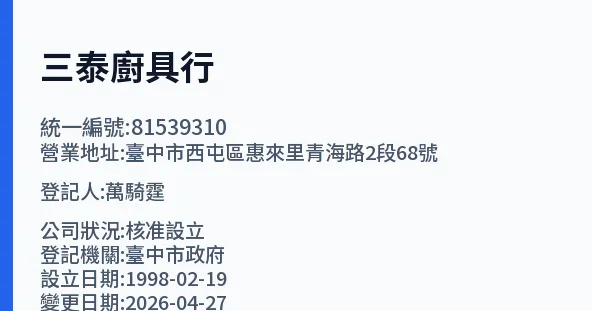 三泰廚具行的照片-統編 81539310(臺中市) 公司登記資料與營業項目詳細圖表