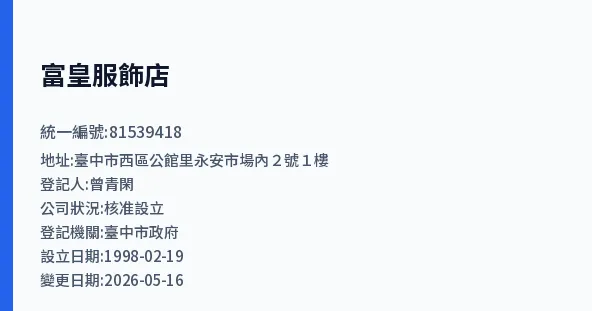 富皇服飾店的照片-統編 81539418(臺中市) 公司登記資料與營業項目詳細圖表