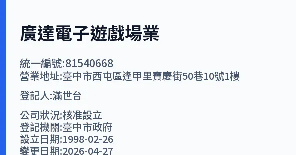 廣達電子遊戲場業的照片-統編 81540668(臺中市) 公司登記資料與營業項目詳細圖表