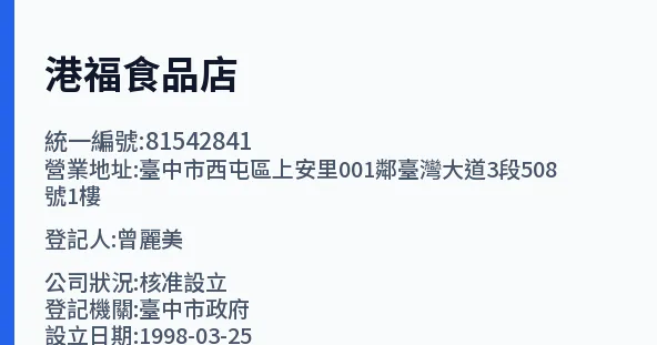 港福食品店的照片-統編 81542841(臺中市) 公司登記資料與營業項目詳細圖表