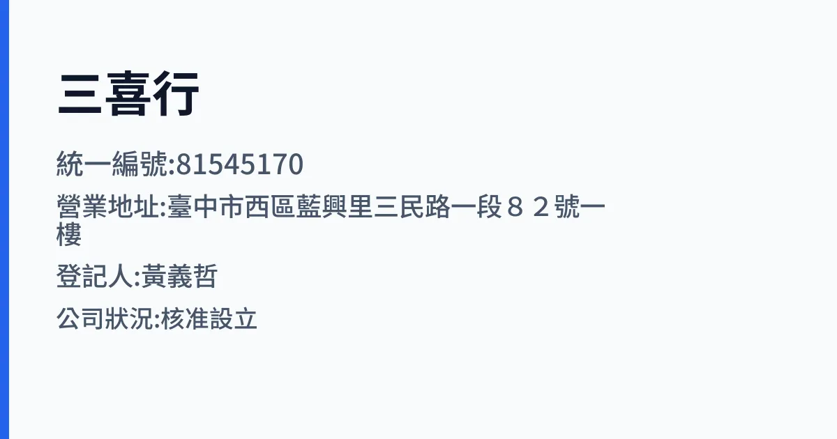 三喜行 - 統編 81545170(臺中市) 公司登記資料與營業項目詳細圖表