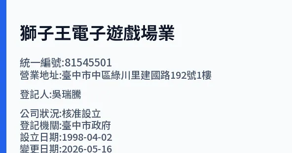 獅子王電子遊戲場業的照片-統編 81545501(臺中市) 公司登記資料與營業項目詳細圖表