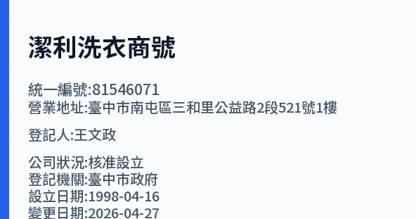 潔利洗衣商號的照片-統編 81546071(臺中市) 公司登記資料與營業項目詳細圖表