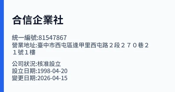 合信企業社的照片-統編 81547867(臺中市) 公司登記資料與營業項目詳細圖表