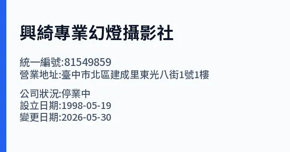興綺專業幻燈攝影社的照片-統編 81549859(臺中市) 公司登記資料與營業項目詳細圖表
