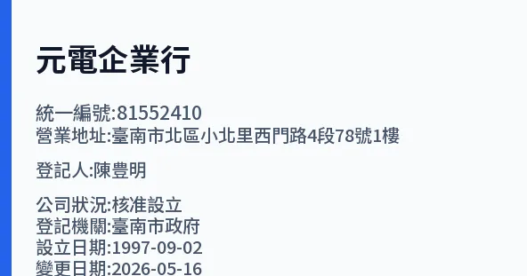 元電企業行的照片-統編 81552410(臺南市) 公司登記資料與營業項目詳細圖表