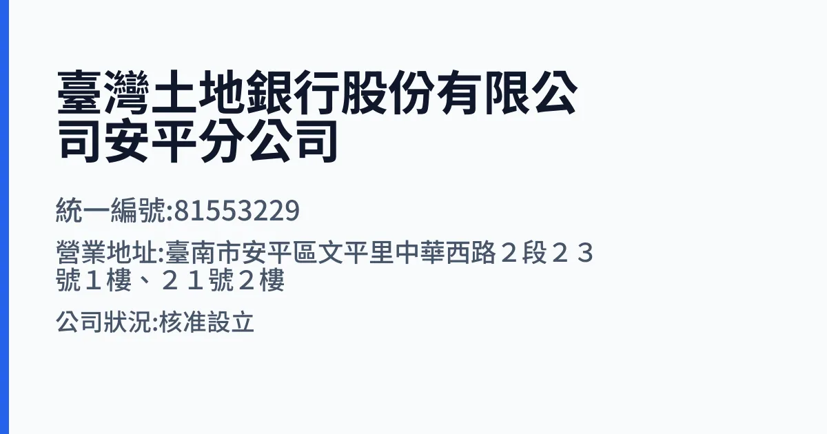 臺灣土地銀行股份有限公司安平分公司 - 統編 81553229(臺南市) 公司登記資料與營業項目詳細圖表