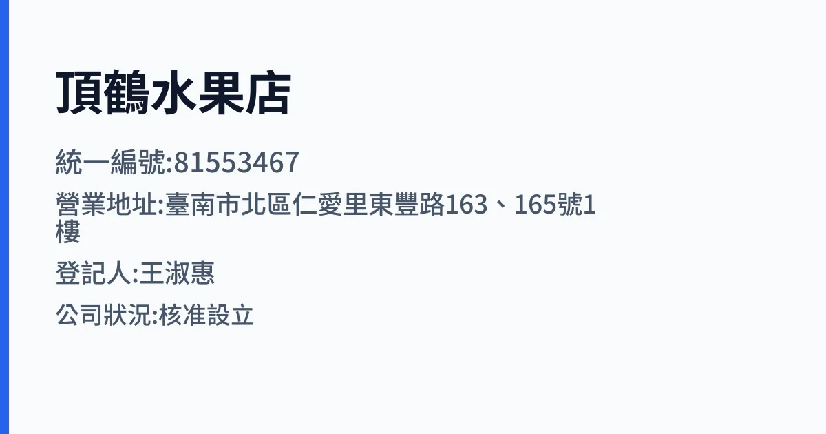 頂鶴水果店 - 統編 81553467(臺南市) 公司登記資料與營業項目詳細圖表