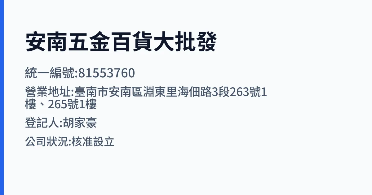 安南五金百貨大批發 - 統編 81553760(臺南市) 公司登記資料與營業項目詳細圖表