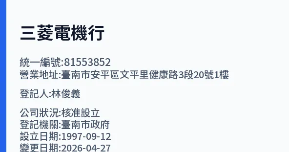 三菱電機行的照片-統編 81553852(臺南市) 公司登記資料與營業項目詳細圖表