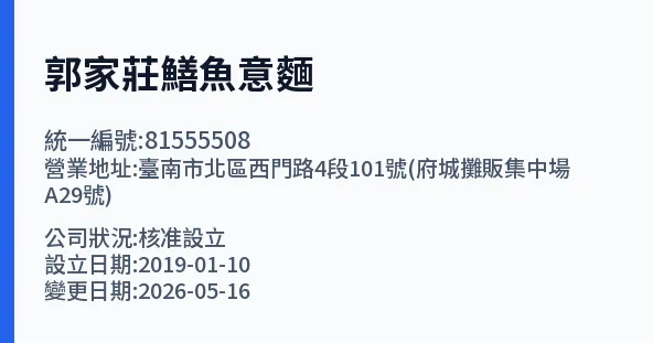 郭家莊鱔魚意麵的照片-統編 81555508(臺南市) 公司登記資料與營業項目詳細圖表