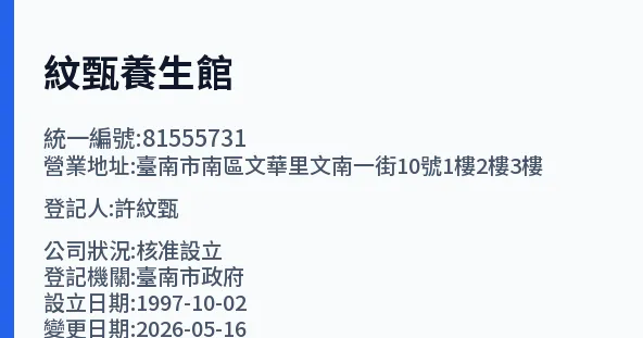 紋甄養生館的照片-統編 81555731(臺南市) 公司登記資料與營業項目詳細圖表