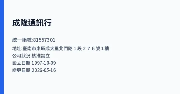 成隆通訊行的照片-統編 81557301(臺南市) 公司登記資料與營業項目詳細圖表
