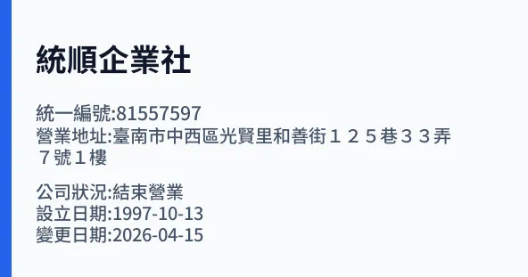 統順企業社的照片-統編 81557597(臺南市) 公司登記資料與營業項目詳細圖表