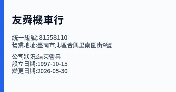 友舜機車行的照片-統編 81558110(臺南市) 公司登記資料與營業項目詳細圖表