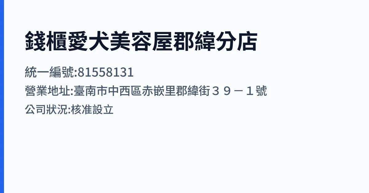 錢櫃愛犬美容屋郡緯分店 - 統編 81558131（臺南市） 公司登記資料與營業項目詳細圖表
