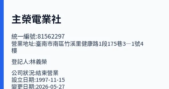 主榮電業社的照片-統編 81562297(臺南市) 公司登記資料與營業項目詳細圖表