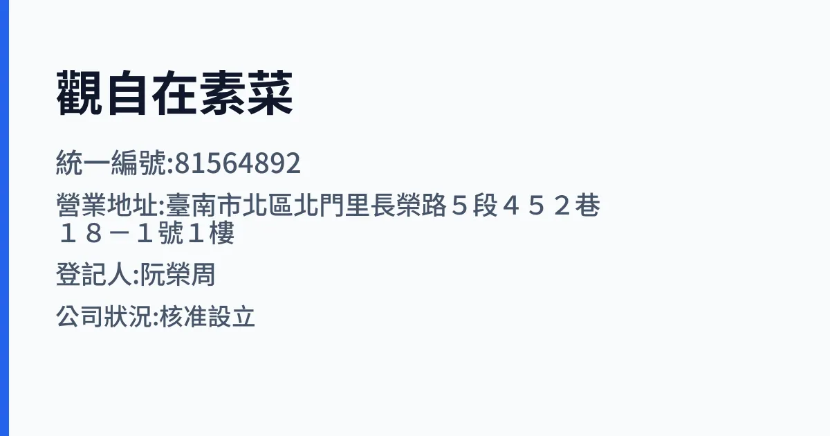 觀自在素菜 - 統編 81564892(臺南市) 公司登記資料與營業項目詳細圖表