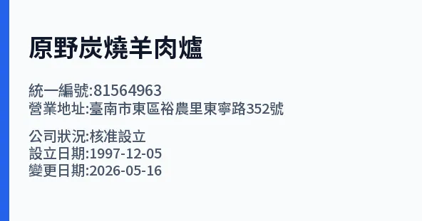 原野炭燒羊肉爐的照片-統編 81564963(臺南市) 公司登記資料與營業項目詳細圖表