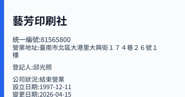 藝芳印刷社的照片-統編 81565800(臺南市) 公司登記資料與營業項目詳細圖表