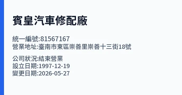 賓皇汽車修配廠的照片-統編 81567167(臺南市) 公司登記資料與營業項目詳細圖表