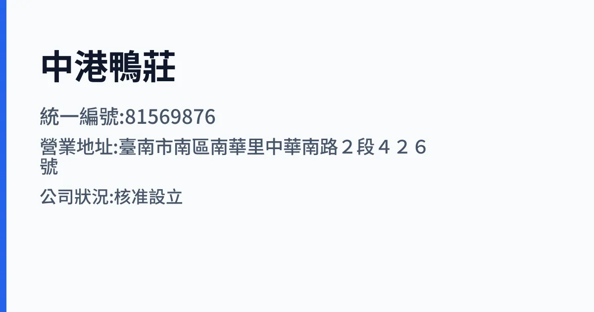中港鴨莊 - 統編 81569876(臺南市) 公司登記資料與營業項目詳細圖表