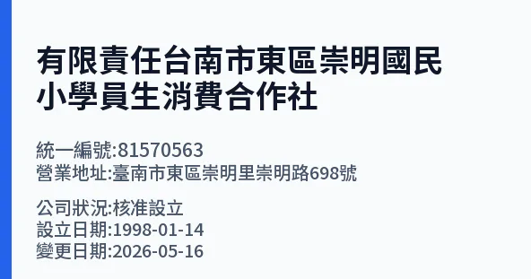 有限責任台南市東區崇明國民小學員生消費合作社的照片-統編 81570563(臺南市) 公司登記資料與營業項目詳細圖表
